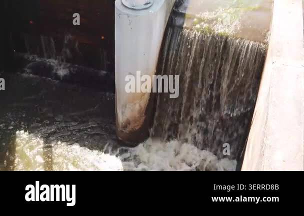 4K Water Cascade Over Concrete Weir Structure Outdoor Flowing Motion ...