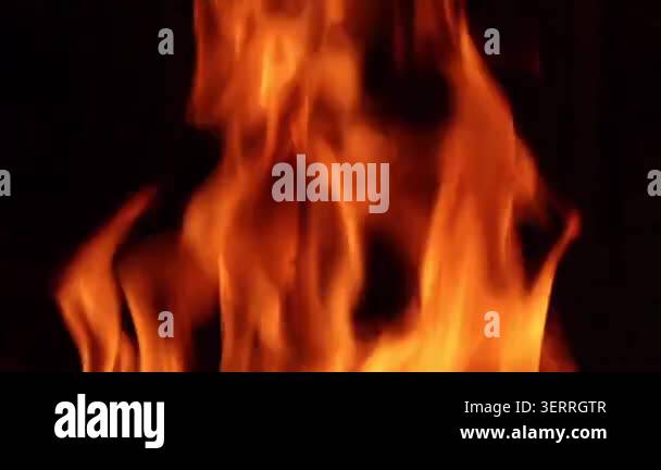 Close-up of intense orange flames dancing in a blazing fire, creating a ...