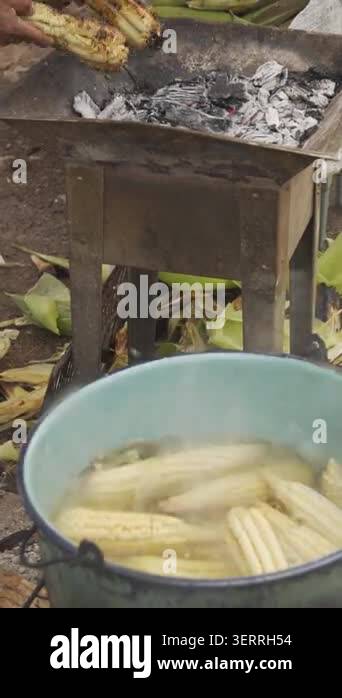 Sweet corn cobs boiling in a pot and grilling over hot charcoal at a ...