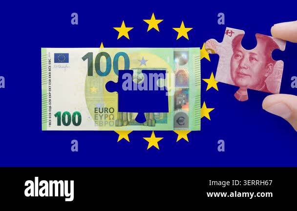 100 euro note isolated on a EU flag with 100 yuan. Europe Union and ...