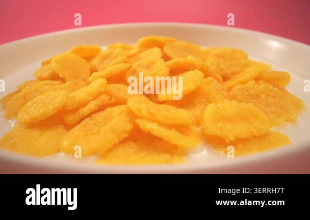 Breakfast bowl with corn flakes, milk and honey on vibrant pink ...