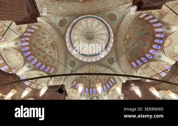 Istanbul, Turkey - 24 Jan 2026: Ornate tiled ceiling of Blue Mosque and ...