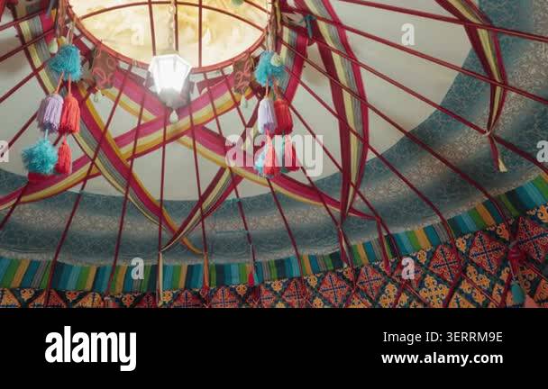 Colorful interior of a traditional Central Asian yurt, showcasing ...