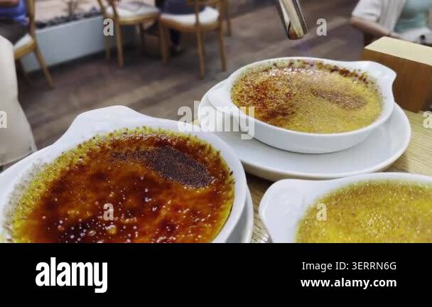 Sweet French Desert Delicious Creme Brulee Burning Sugar Stock Video ...