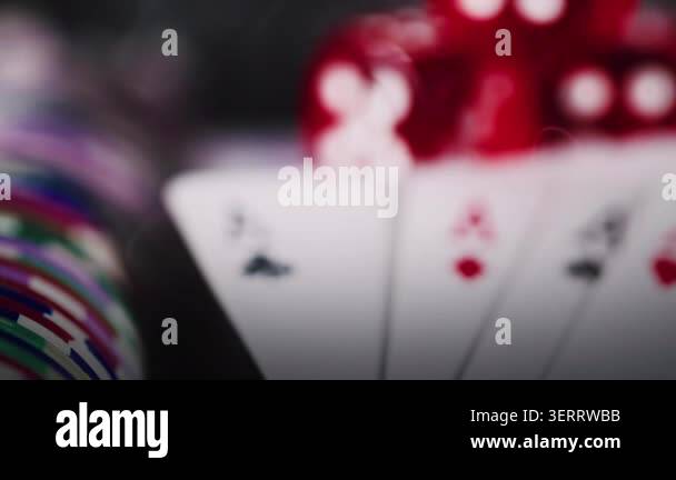 Gambling Luck Game Money Chips and Red Dices and Poker Cards in Smoke ...