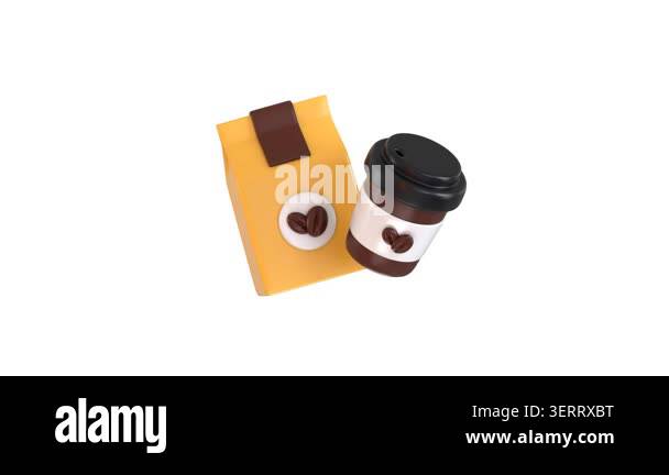 coffee bag with coffee cup icon 3d animation concept of milk latte ...