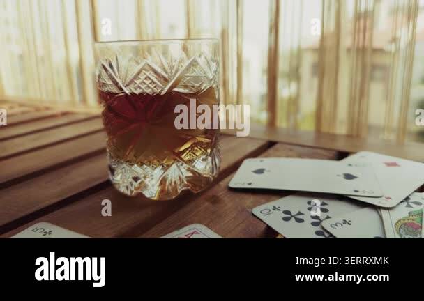 Gambling Poker Cards on Wooden Table and Whiskey Stock Video Footage ...