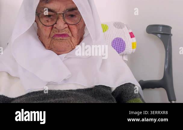 Very Old Senior Muslim Woman Portrait with White Head Scarf Stock Video ...