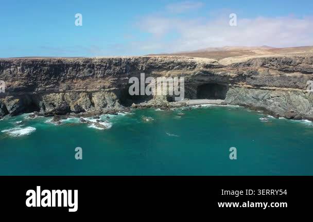 High-quality aerial view of the famous Ajuy Caves and surrounding ...