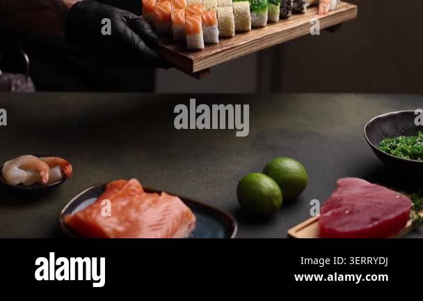 Close-up of delicious Japanese sushi rolls served fresh on a plate in a ...