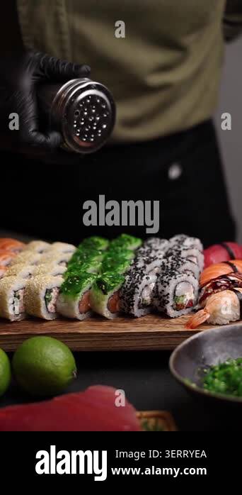 Close-up of delicious Japanese sushi rolls served fresh on a plate in a ...