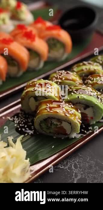 Close-up of delicious Japanese sushi rolls served fresh on a plate in a ...