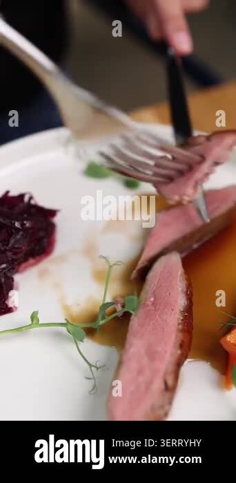 Guests enjoying delicious food in a stylish restaurant. Close-up shots ...
