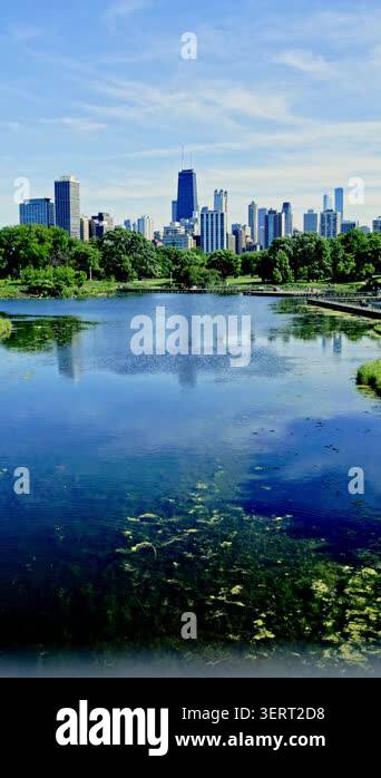 A park features a lake surrounded by green trees with a view of the ...