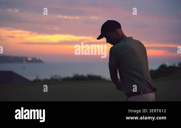 Sports Man on Golf Course Playing Game and Hitting Ball with Club. Calm ...