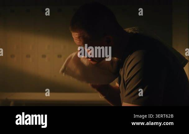 Cinematic Close Up Man Heavy Breathing and Determination in Warm ...