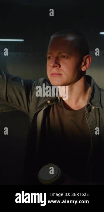 Cinematic Close Up of Focused Male Athlete Leaning Hand on Metal Locker ...