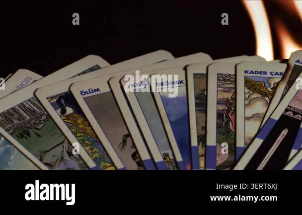 An Abstract Mystic Fortune Teller Game Tarot Cards and Fire Behind ...