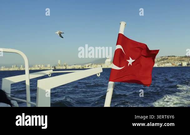 Turkish Flag Waving in the Wind on the Mast of a Ship in Turkey Izmir ...