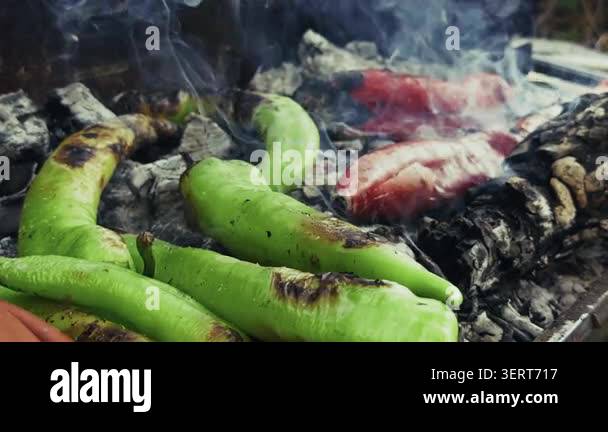 Vegetable Red and Green Pepper Cooked on Barbecue Fire Stock Video ...