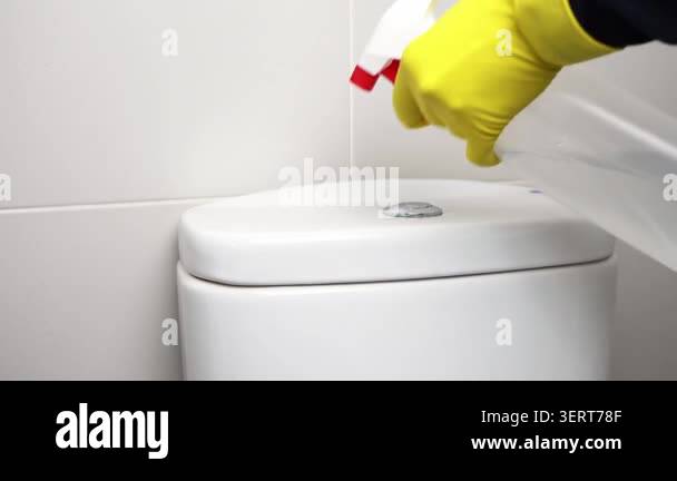 Hand in a yellow rubber glove with blue rag cleaning the toilet in the ...