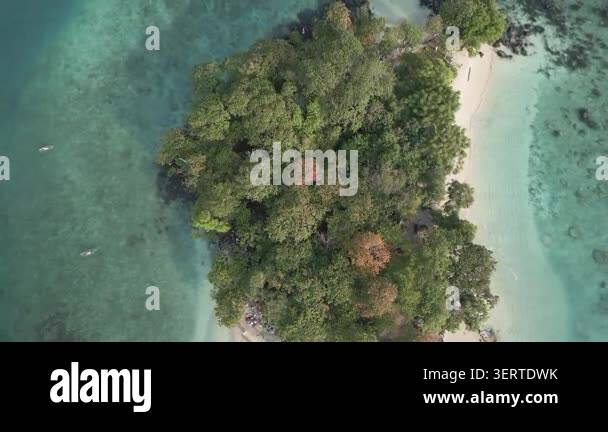 Top down aerial of a small tropical island showing dense jungle canopy ...