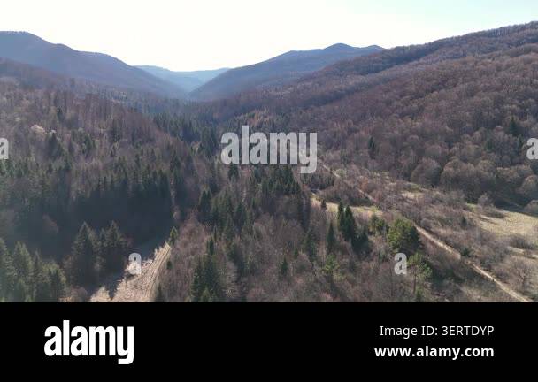 Drone flight over a mountain valley in the Carpathians in early spring ...