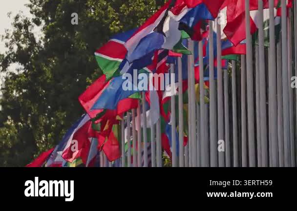 Different flags from various countries are shown waving in the wind ...