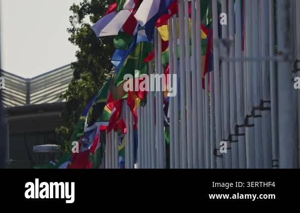 People walk near many flags representing different countries. The flags ...