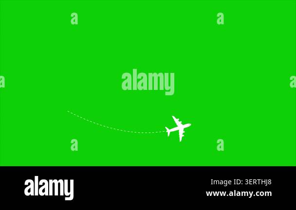 cartoonish airplane flying across the green screen in a path, animated ...
