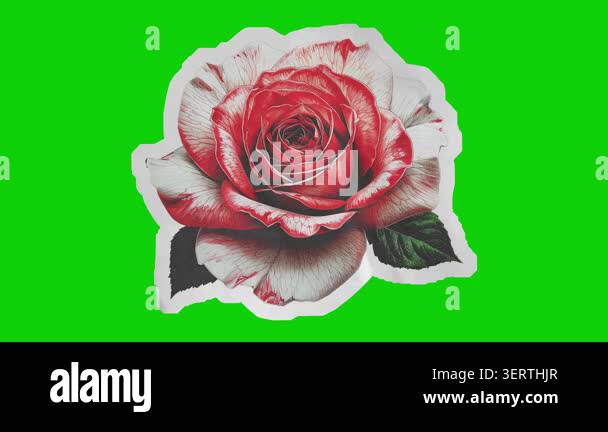 Paper unfolds to show a rose drawing in red tones, symbolizing beauty ...