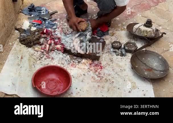 fishmonger scaling fresh fish at seafood market showcasing traditional ...