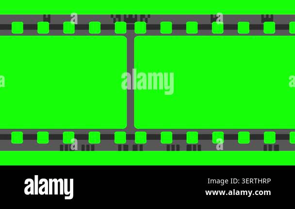 Animated film negative strip moving across a bright green screen ...