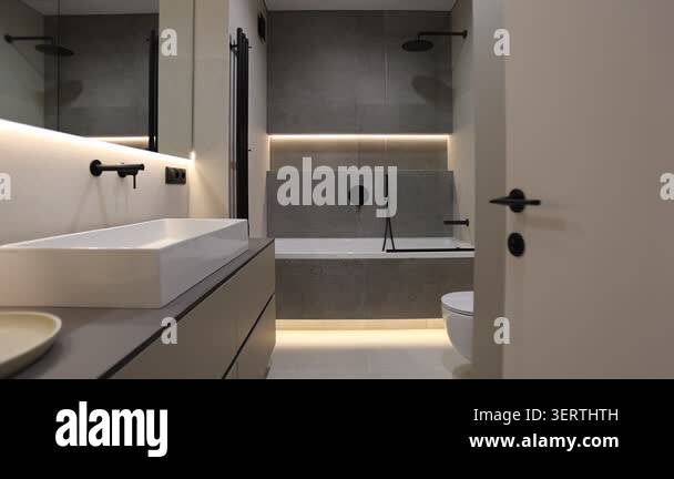 Contemporary bathroom viewed through an open doorway, featuring a wall ...