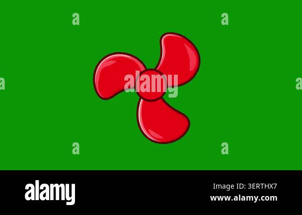 Red 3-blade fan spinning rapidly on green screen background. Powerful ...