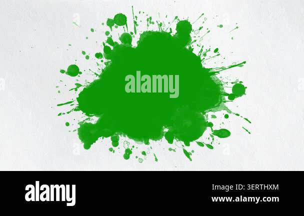 Powerful bright green paint splash burst on clean white paper ...