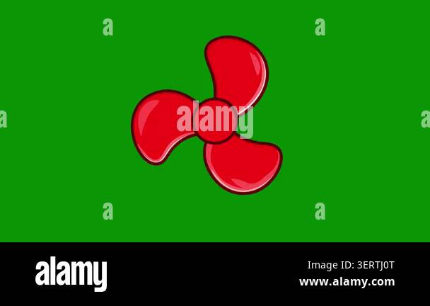 Red 3-blade fan spinning slowly on bright green screen. Bold 2D ...