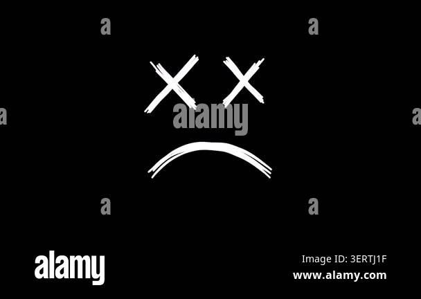 Melancholy hand drawn sad emoji on black background. Depressed frown ...