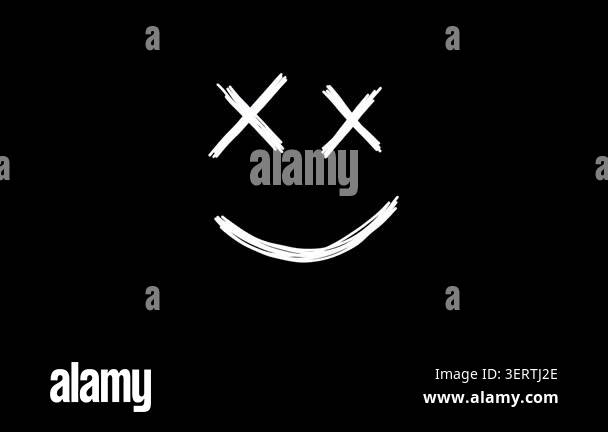 Cheerful hand drawn happy emoji on black background. Positive smile ...