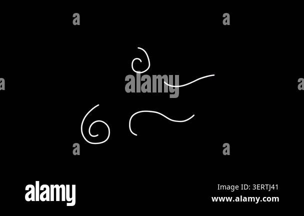 Gentle hand drawn wind swirls on black background. Abstract air breeze ...