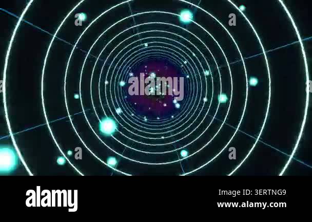 Abstract Futuristic Tunnel With Glowing Neon Rings And Floating Light ...