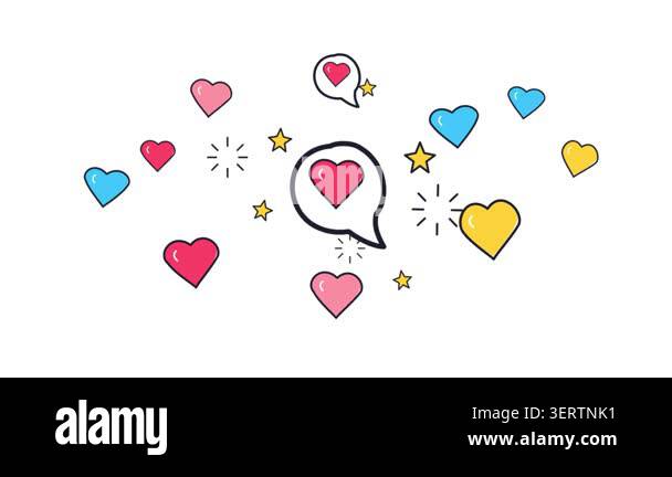 Animated heart icons with speech bubbles and stars representing digital ...
