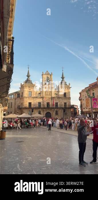 ASTORGA, SPAIN - August 2025: Vertical view of Plaza Mayor and the ...