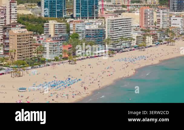 Aerial view of Benidorm beach and modern skyline. Benidorm, Alicante ...