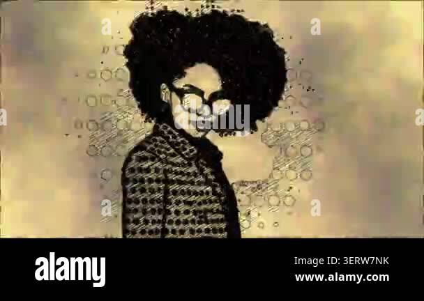 Retro Sketch Portrait Of Woman With Afro Hair And Glasses Against ...