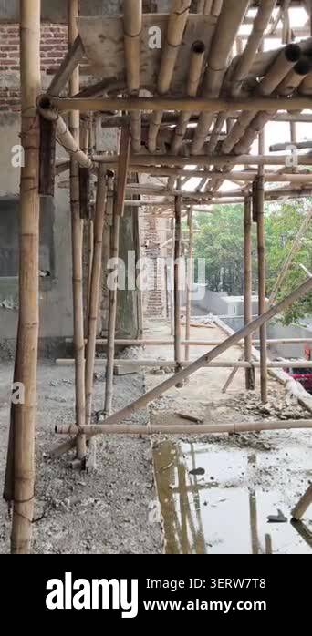 Traditional bamboo scaffolding structure supporting concrete deck on an ...