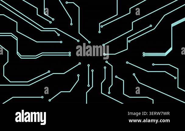 Animated glowing cyan circuit board lines on black, radiating outward ...