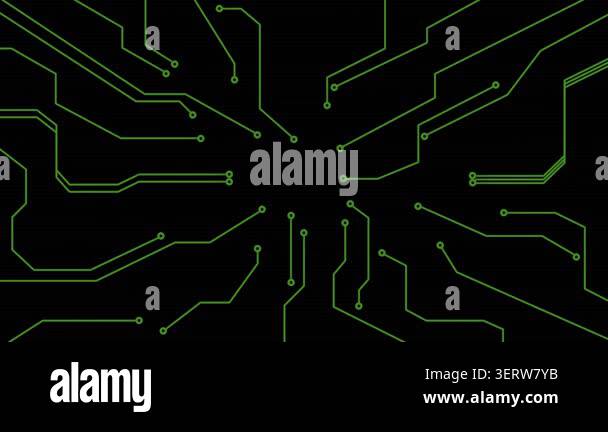 Animated glowing green circuit board lines on black, radiating outward ...