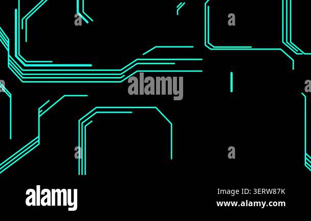 Animated cyan circuit board lines appearing and fading on a black ...