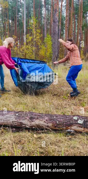 Two women setting up a blue tent in a forest during autumn. two women ...